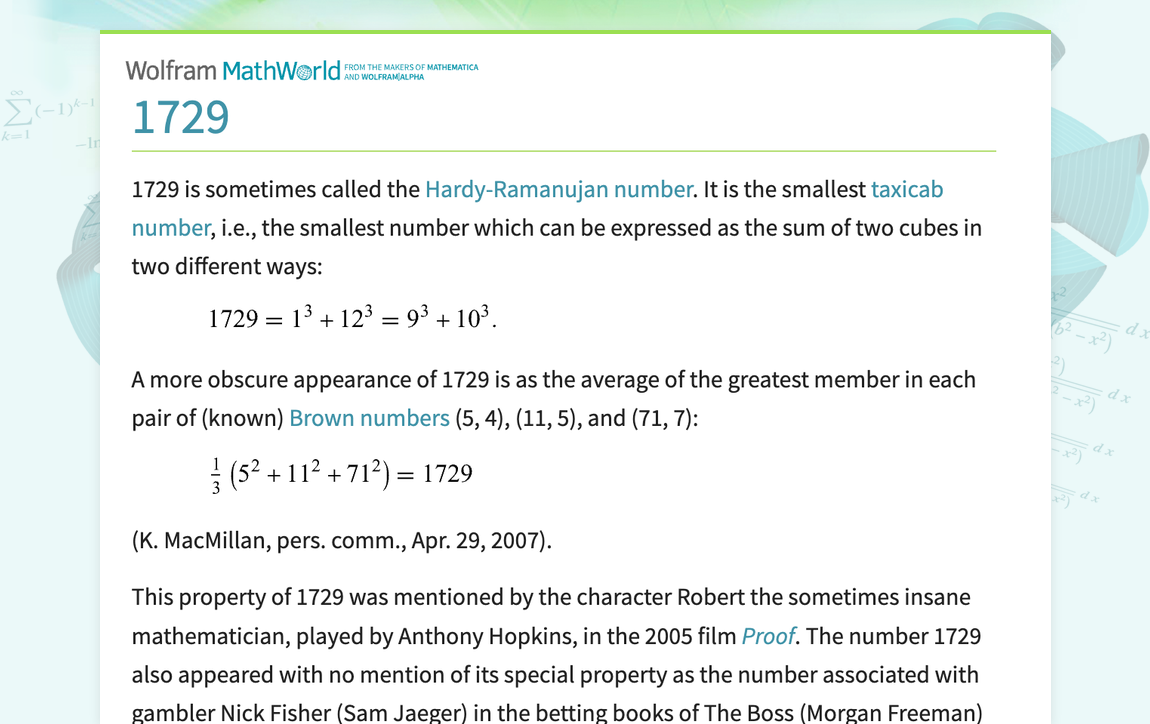 1729 -- from Wolfram MathWorld