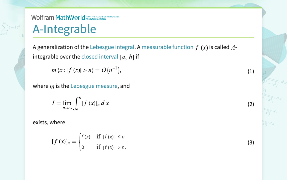 A-Integrable -- from Wolfram MathWorld