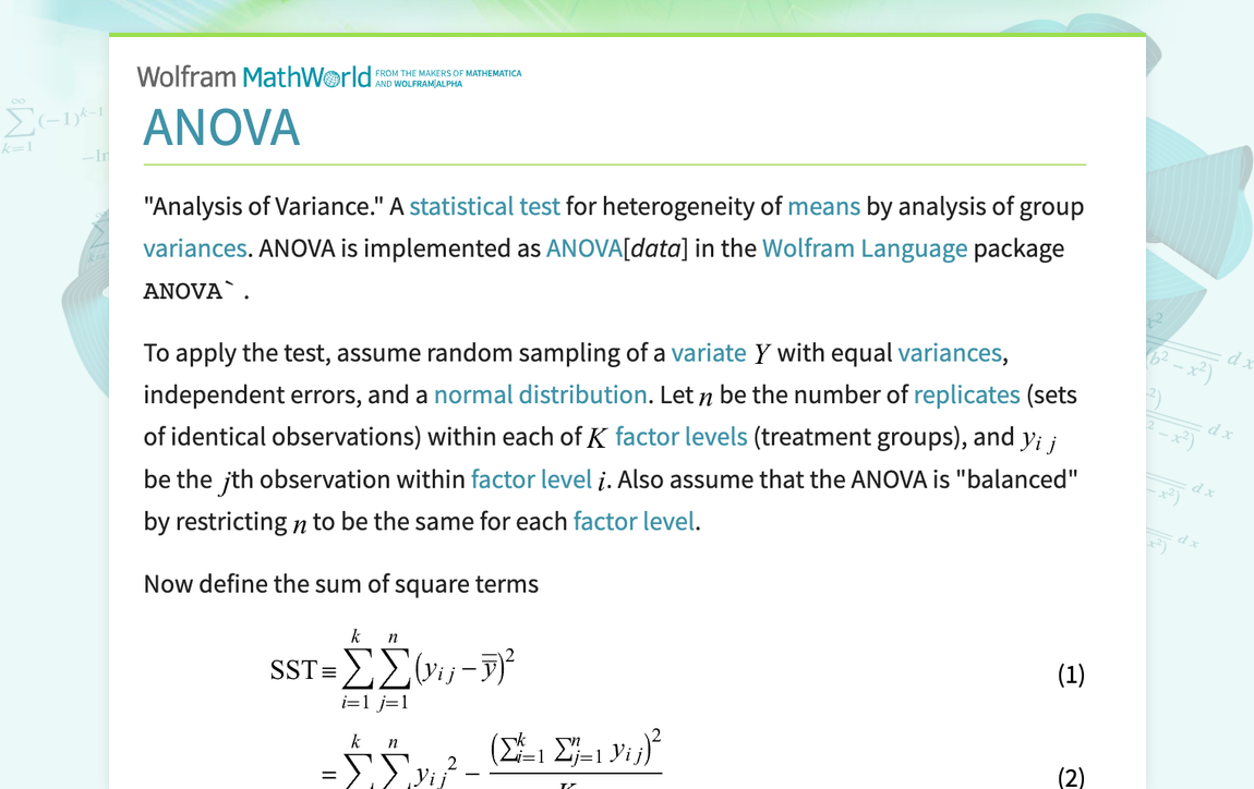 ANOVA -- from Wolfram MathWorld