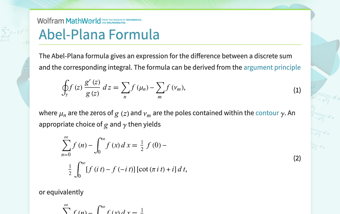 Abel-Plana Formula -- from Wolfram MathWorld