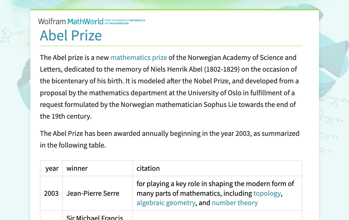 Abel Prize -- from Wolfram MathWorld