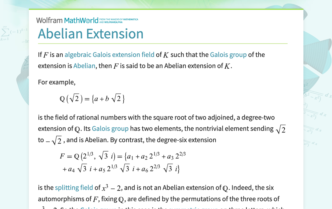 Abelian Extension -- from Wolfram MathWorld
