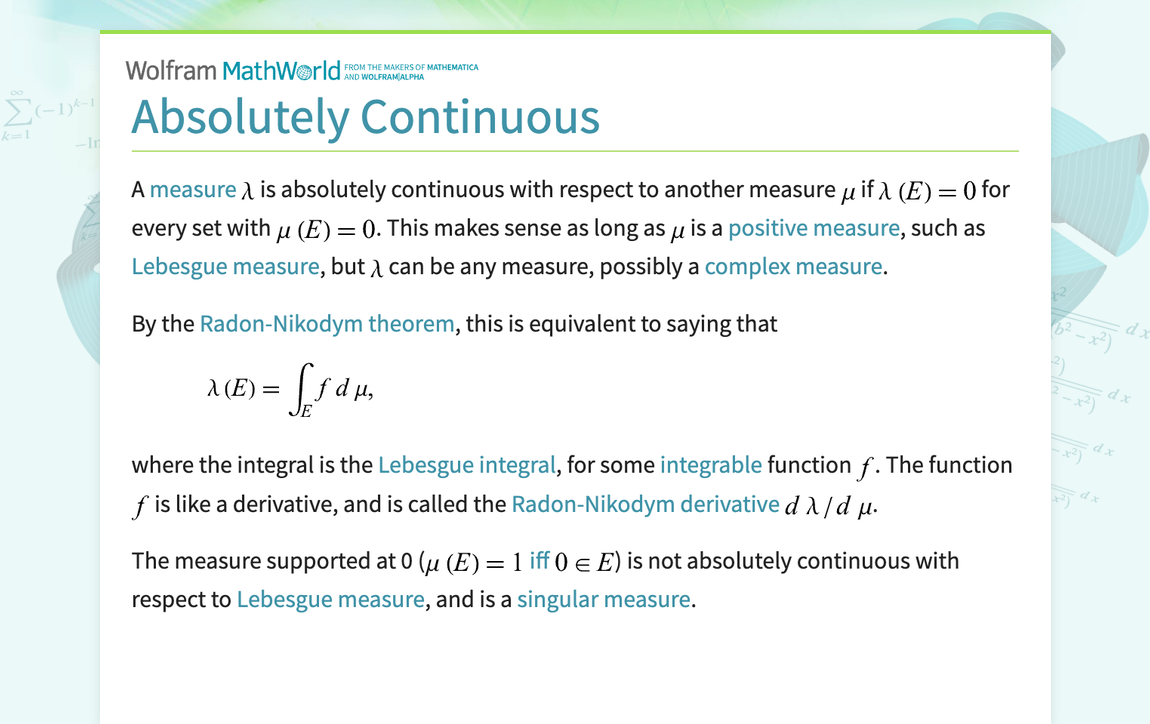 Absolutely Continuous -- from Wolfram MathWorld