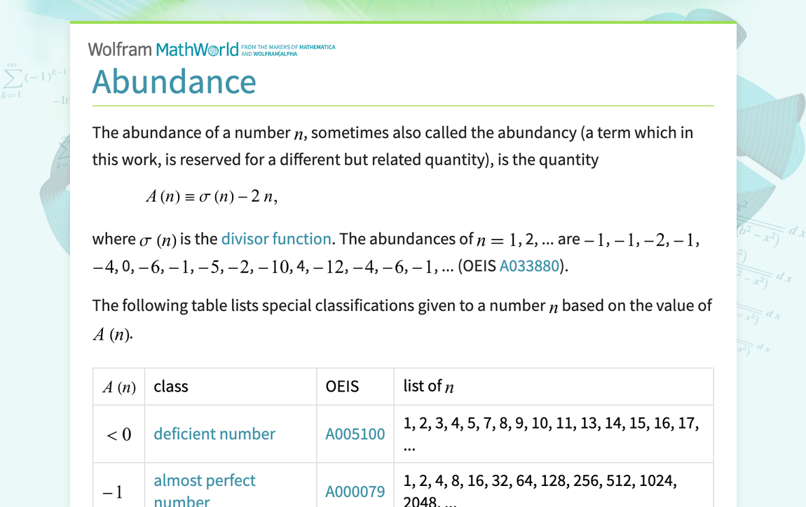 Abundance -- from Wolfram MathWorld