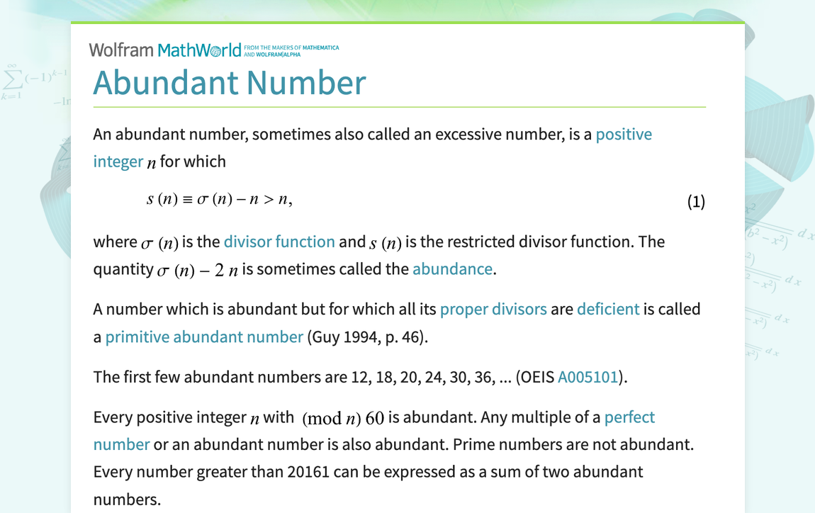 Abundant Number -- from Wolfram MathWorld