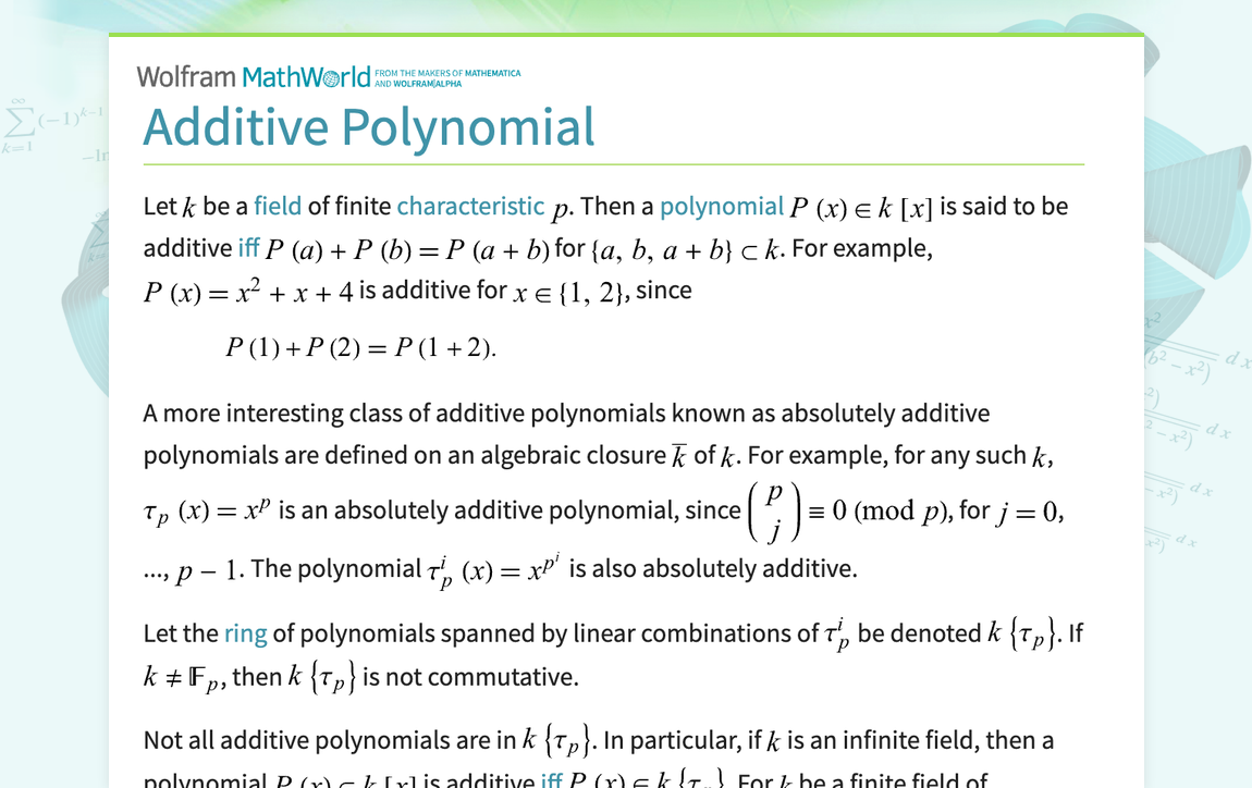 Additive Polynomial -- from Wolfram MathWorld
