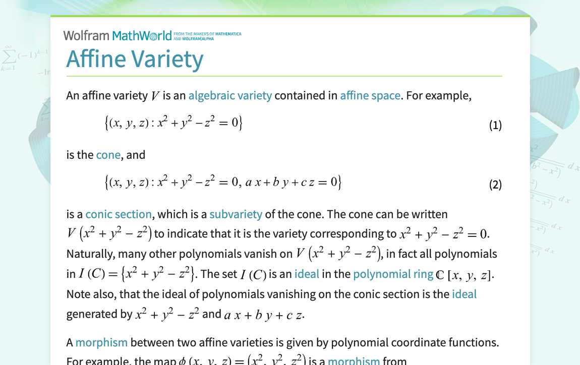 Affine Variety -- from Wolfram MathWorld