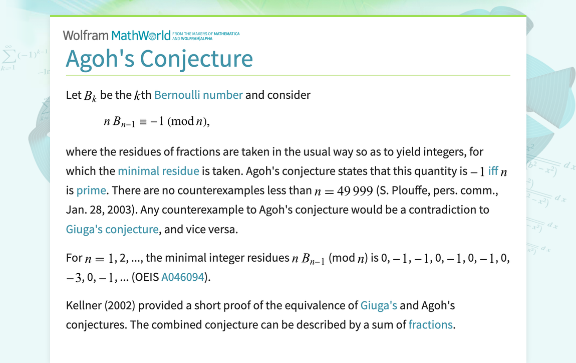 Agoh's Conjecture -- from Wolfram MathWorld