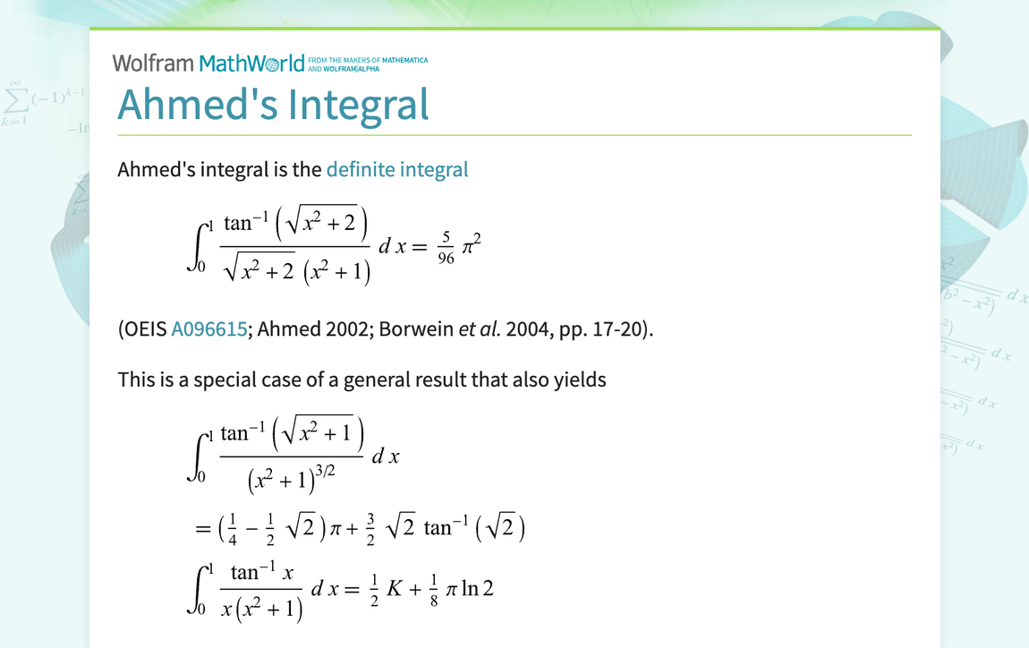 Ahmed's Integral -- from Wolfram MathWorld