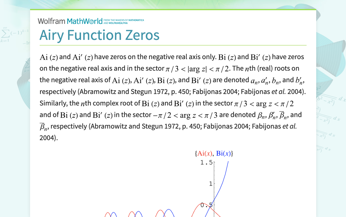 Airy Function Zeros -- from Wolfram MathWorld