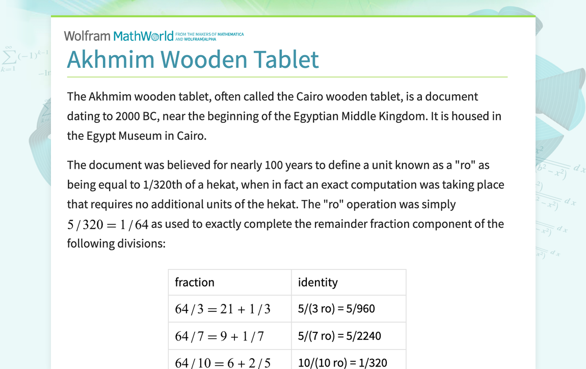 Akhmim Wooden Tablet -- from Wolfram MathWorld