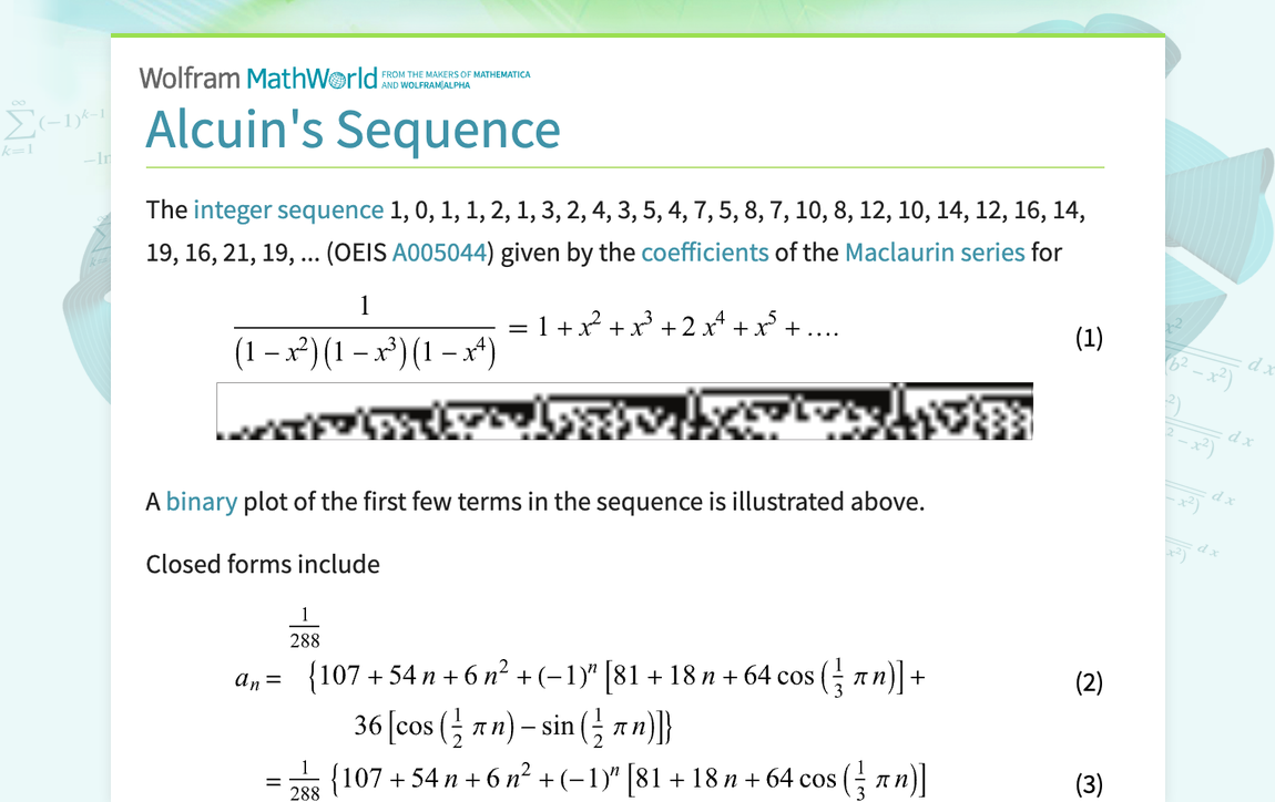 Alcuin's Sequence -- from Wolfram MathWorld