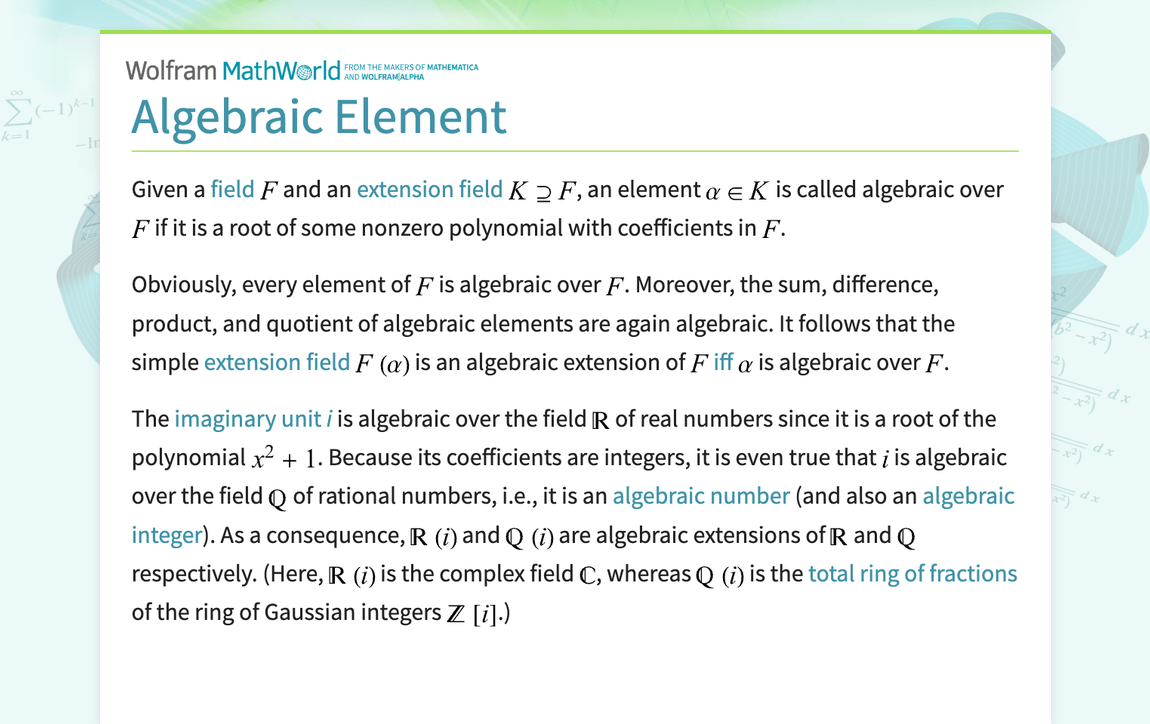 Algebraic Element -- from Wolfram MathWorld