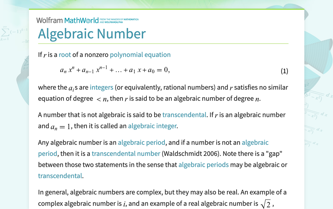 Algebraic Number -- from Wolfram MathWorld