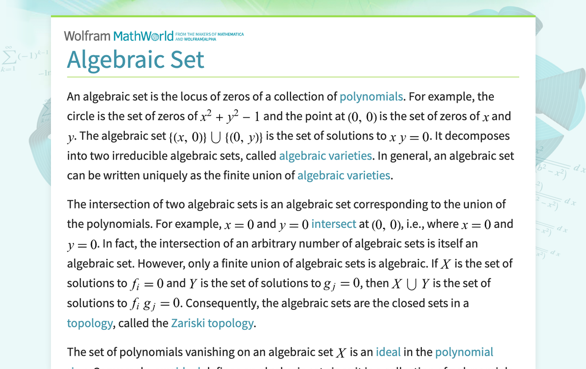 Algebraic Set -- from Wolfram MathWorld