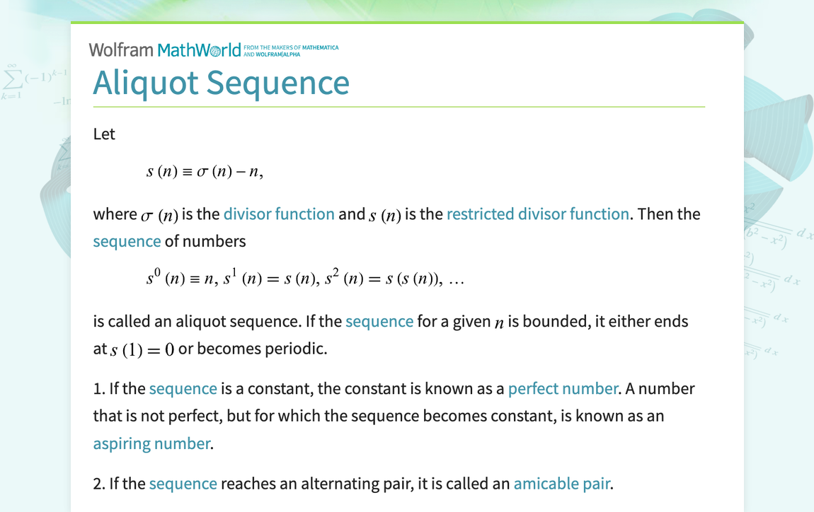 Aliquot Sequence -- from Wolfram MathWorld