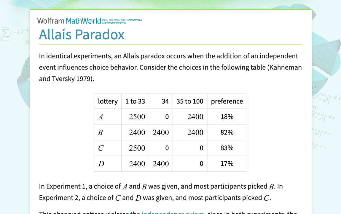 Allais Paradox -- from Wolfram MathWorld