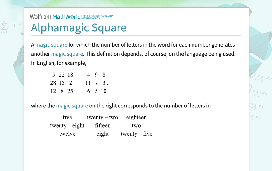 Alphamagic Square -- from Wolfram MathWorld