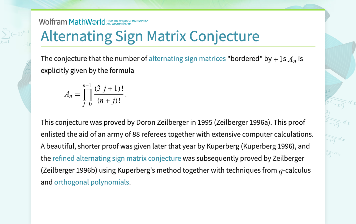 Alternating Sign Matrix Conjecture -- from Wolfram MathWorld