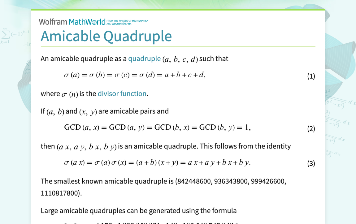 Amicable Quadruple -- from Wolfram MathWorld