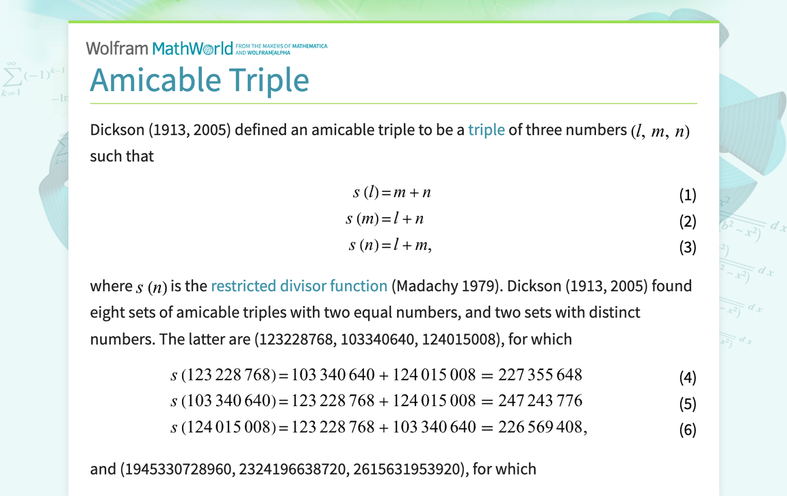 Amicable Triple -- from Wolfram MathWorld