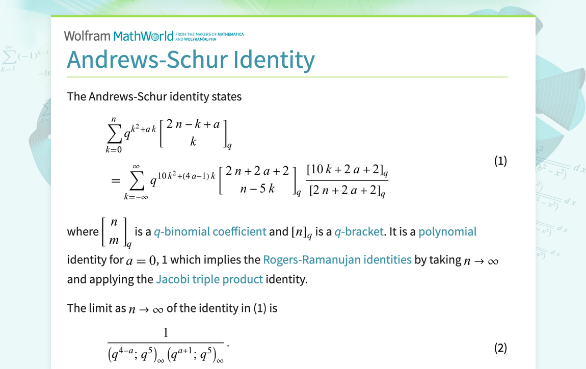 Andrews-Schur Identity -- from Wolfram MathWorld