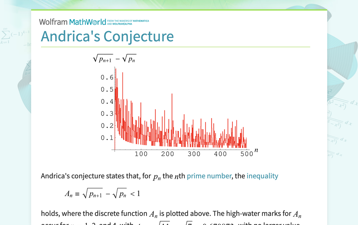 Andrica's Conjecture -- from Wolfram MathWorld