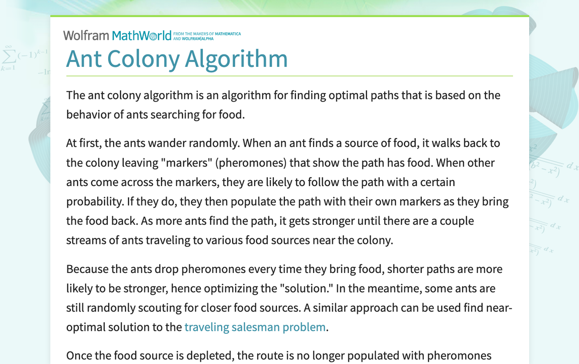 Ant Colony Algorithm -- from Wolfram MathWorld