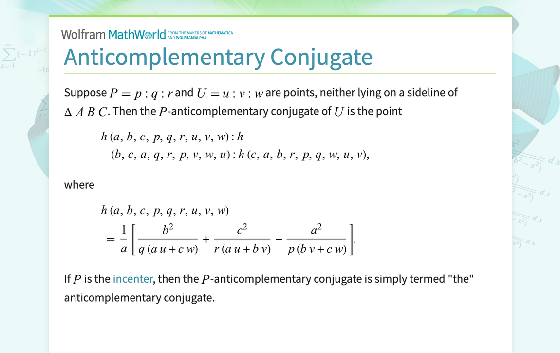 Anticomplementary Conjugate -- from Wolfram MathWorld