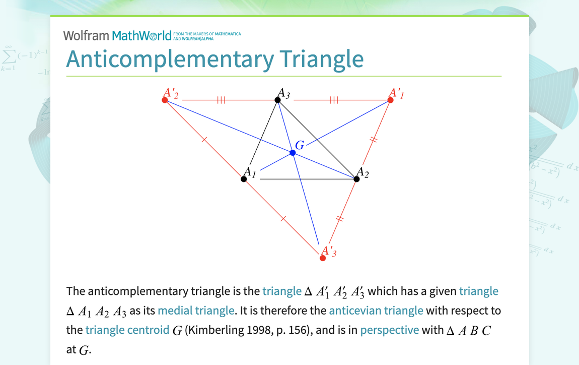Anticomplementary Triangle -- from Wolfram MathWorld