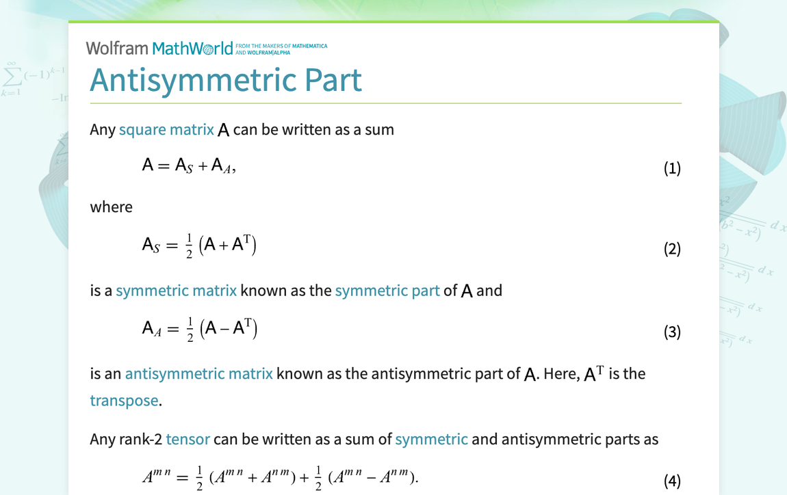 Antisymmetric Part -- from Wolfram MathWorld