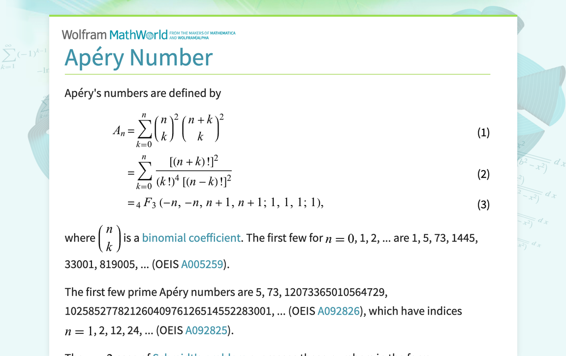 Apéry Number -- from Wolfram MathWorld