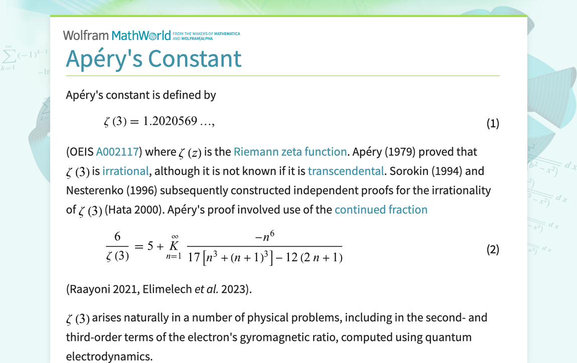 Apéry's Constant -- from Wolfram MathWorld