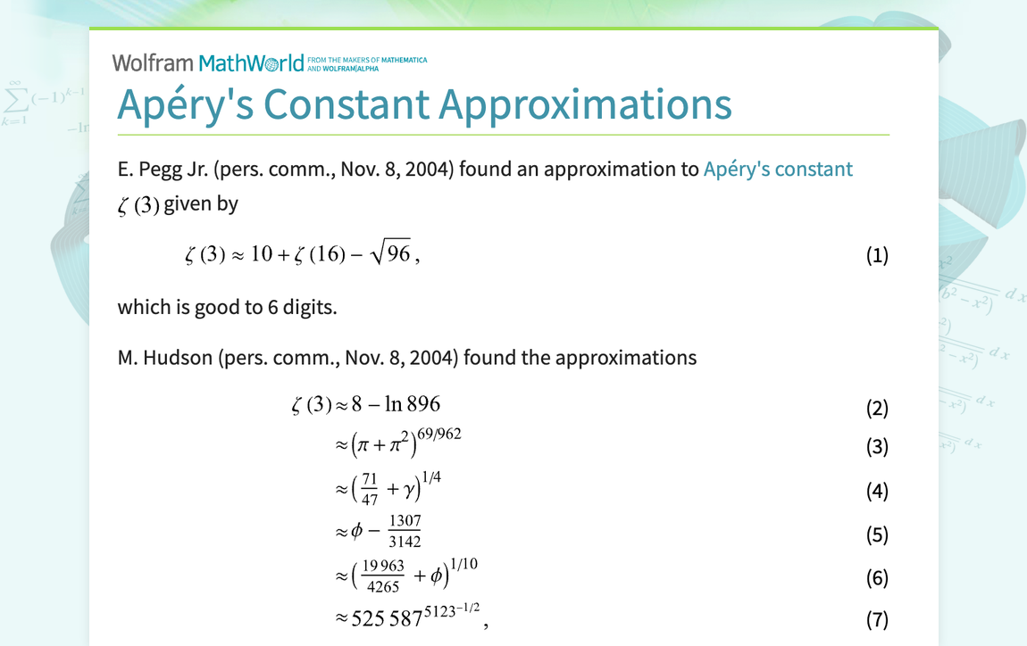 Apéry's Constant Approximations -- from Wolfram MathWorld