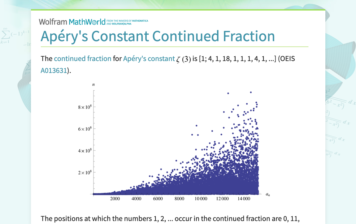 Apéry's Constant Continued Fraction -- from Wolfram MathWorld