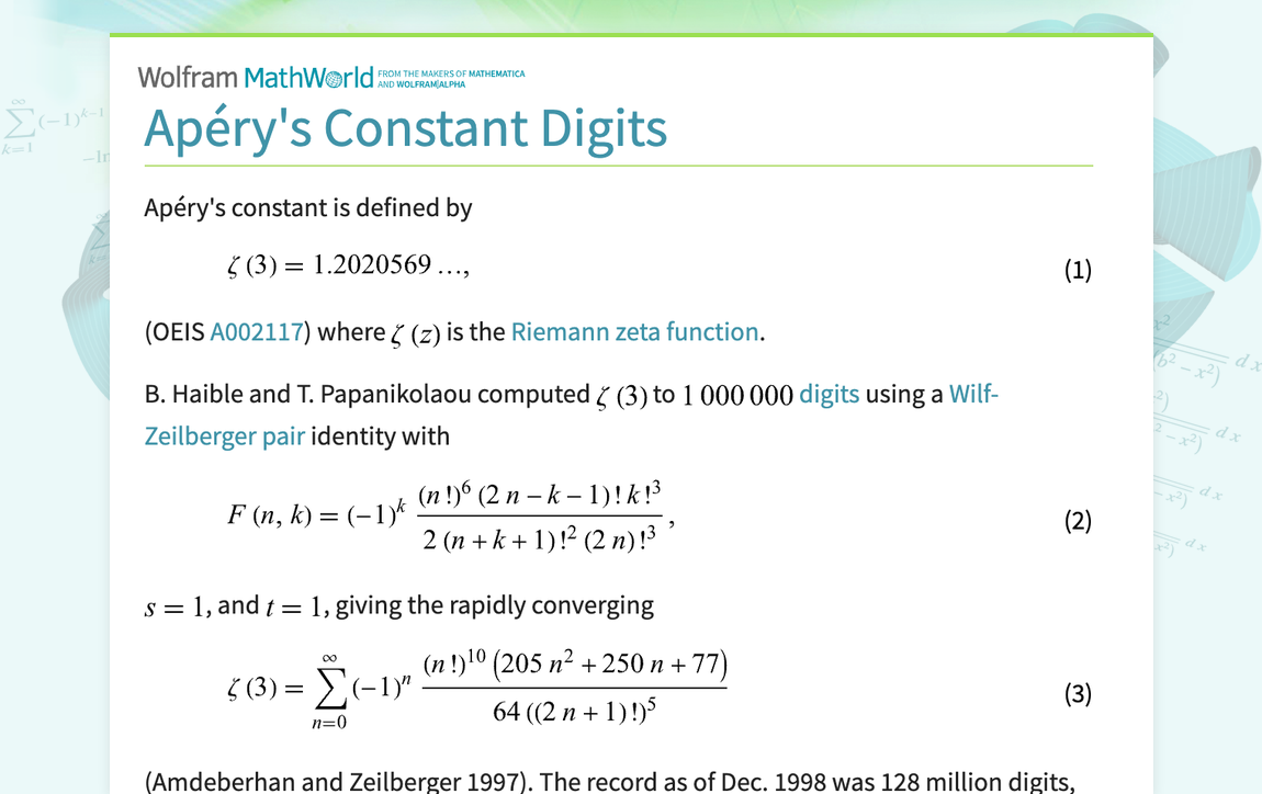 Apéry's Constant Digits -- from Wolfram MathWorld