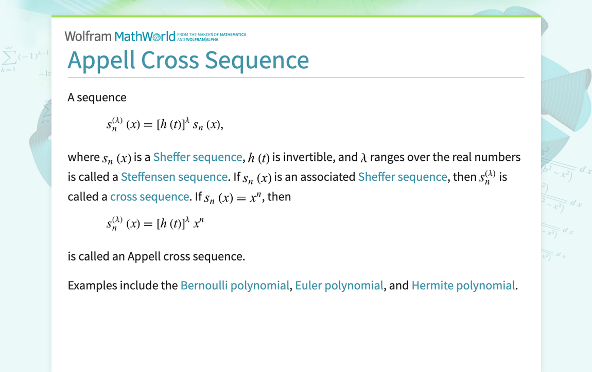 Appell Cross Sequence -- from Wolfram MathWorld