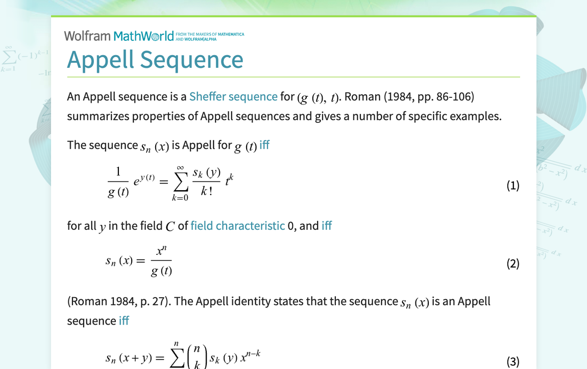 Appell Sequence -- from Wolfram MathWorld
