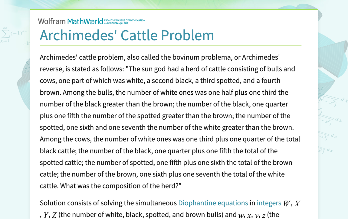 Archimedes' Cattle Problem -- from Wolfram MathWorld