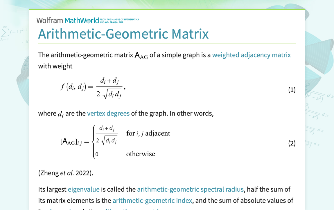 Arithmetic-Geometric Matrix -- from Wolfram MathWorld