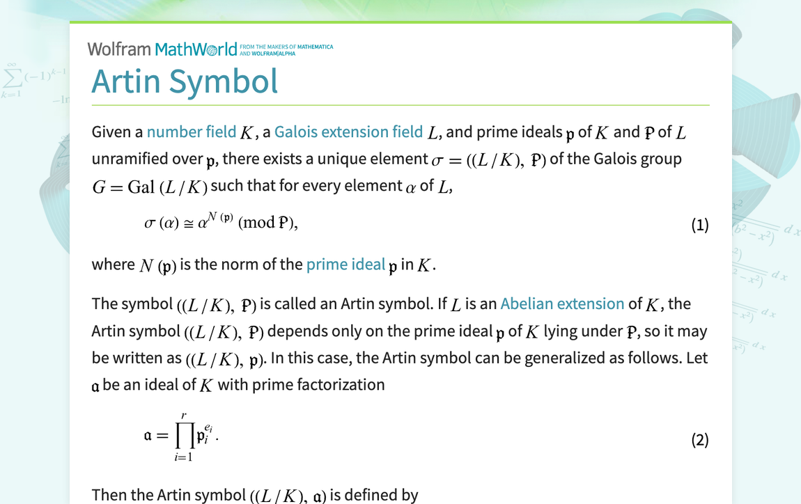 Artin Symbol -- from Wolfram MathWorld