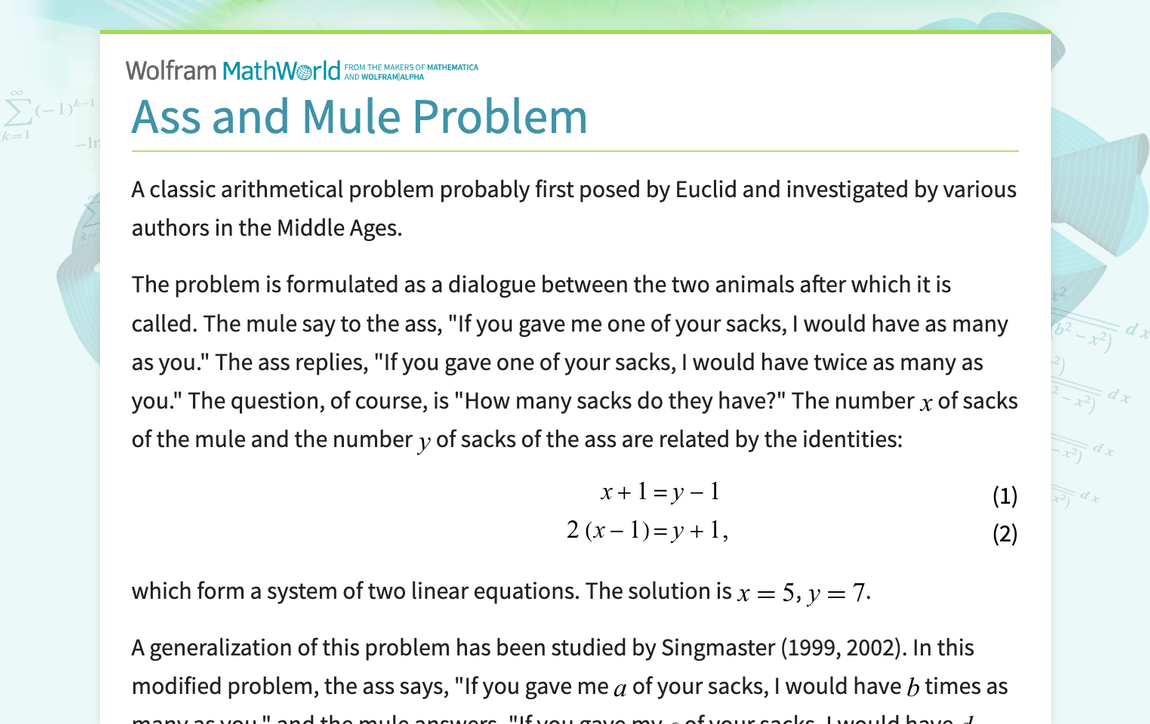 Ass and Mule Problem -- from Wolfram MathWorld