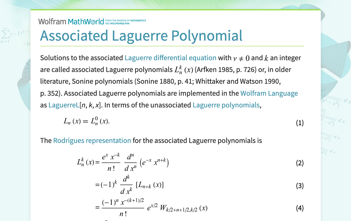 Associated Laguerre Polynomial -- from Wolfram MathWorld