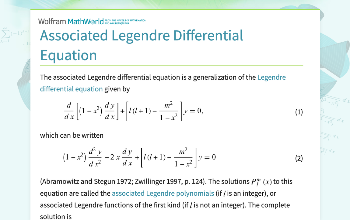 Associated Legendre Differential Equation -- from Wolfram MathWorld