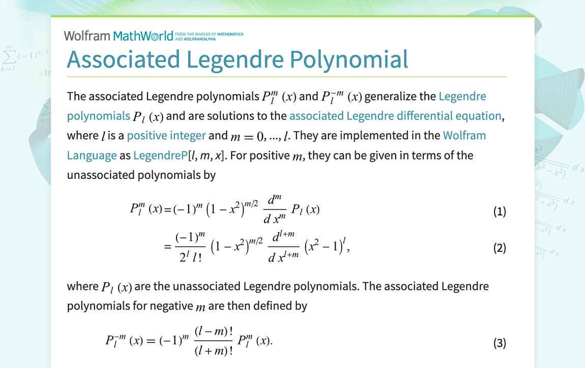 Associated Legendre Polynomial -- from Wolfram MathWorld