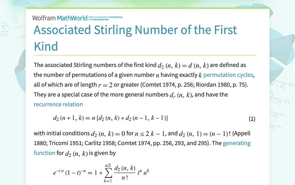 Associated Stirling Number of the First Kind -- from Wolfram MathWorld
