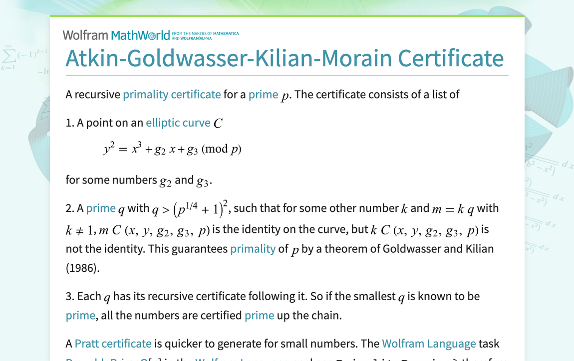 Atkin Goldwasser Kilian Morain Certificate From Wolfram Mathworld