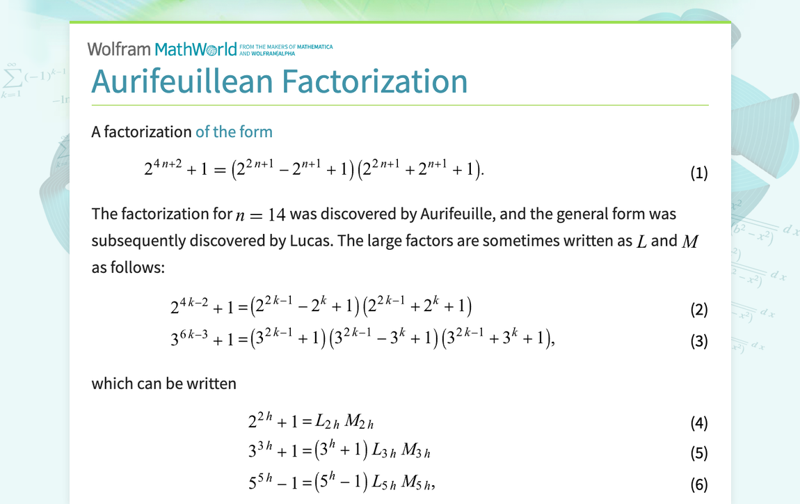 Aurifeuillean Factorization -- from Wolfram MathWorld