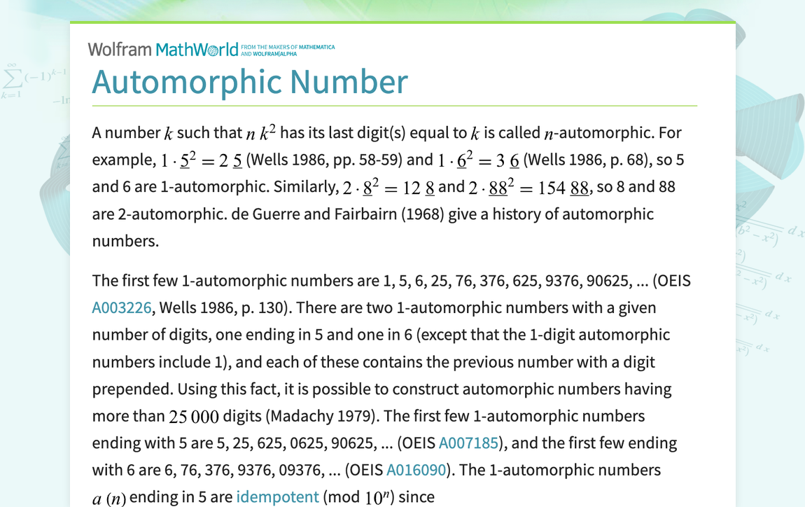Automorphic Number -- from Wolfram MathWorld
