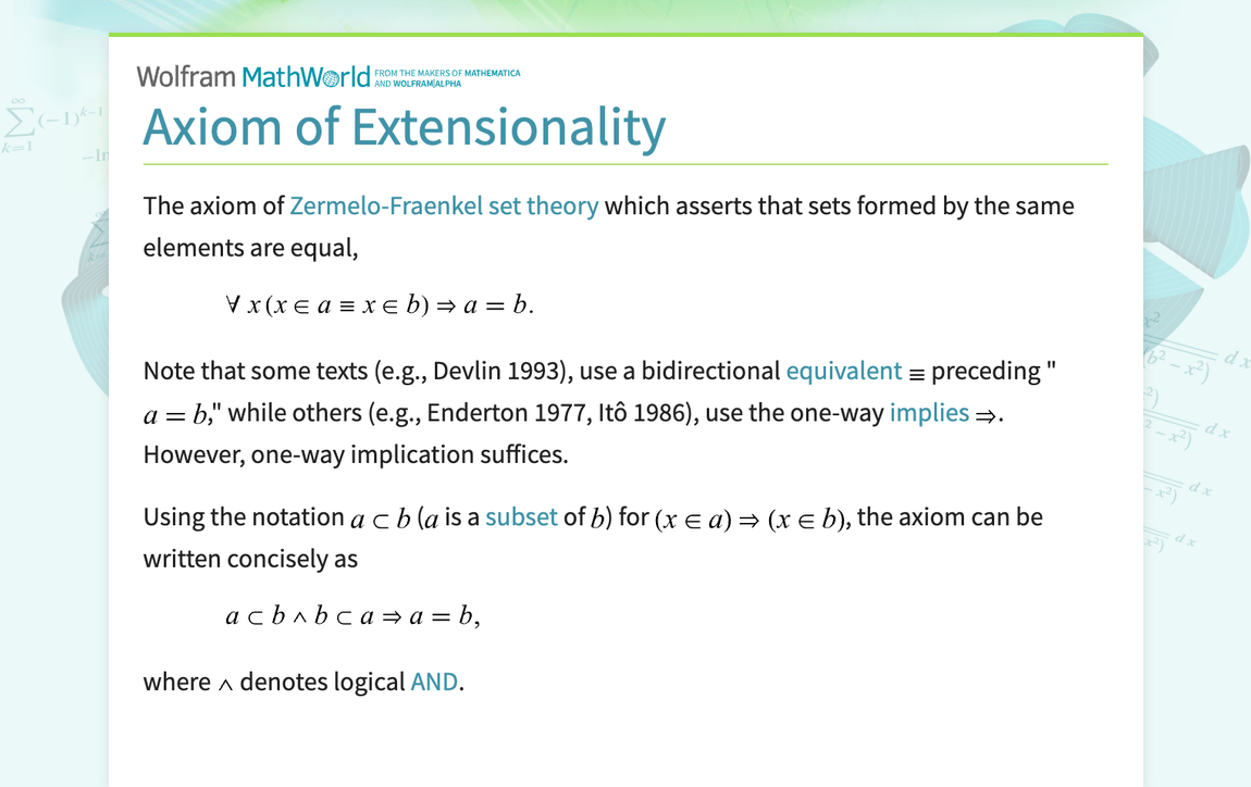 Axiom of Extensionality -- from Wolfram MathWorld